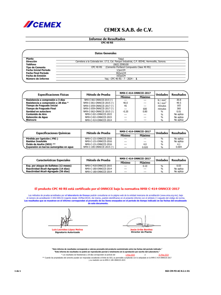 Cemex Certificado CPC 40 RS | PDF