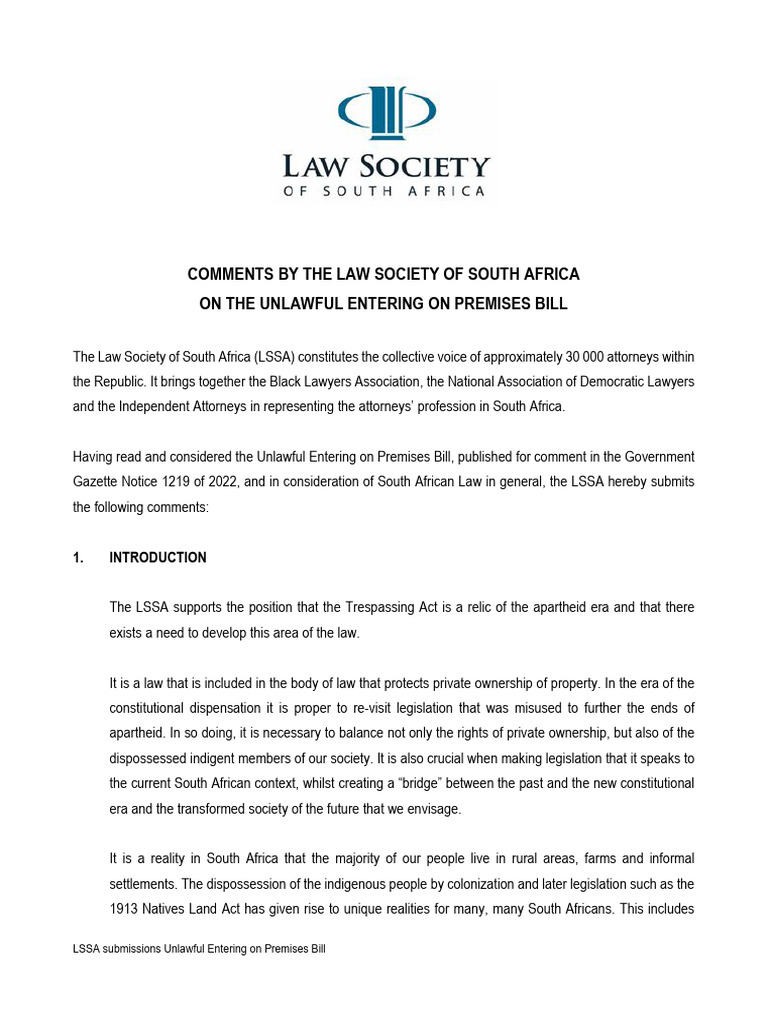 Lssa Comments Unlawful Entering On Premises Bill | PDF