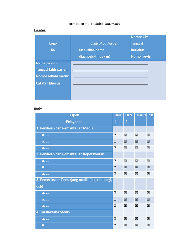 Format Formulir Clinical Pathways | PDF