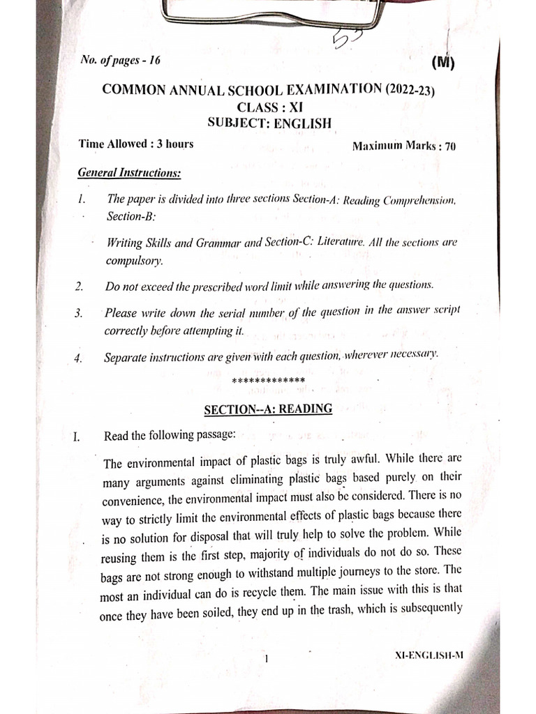 CLASS XI ENGLISH ANNUAL QUESTION PAPER | PDF