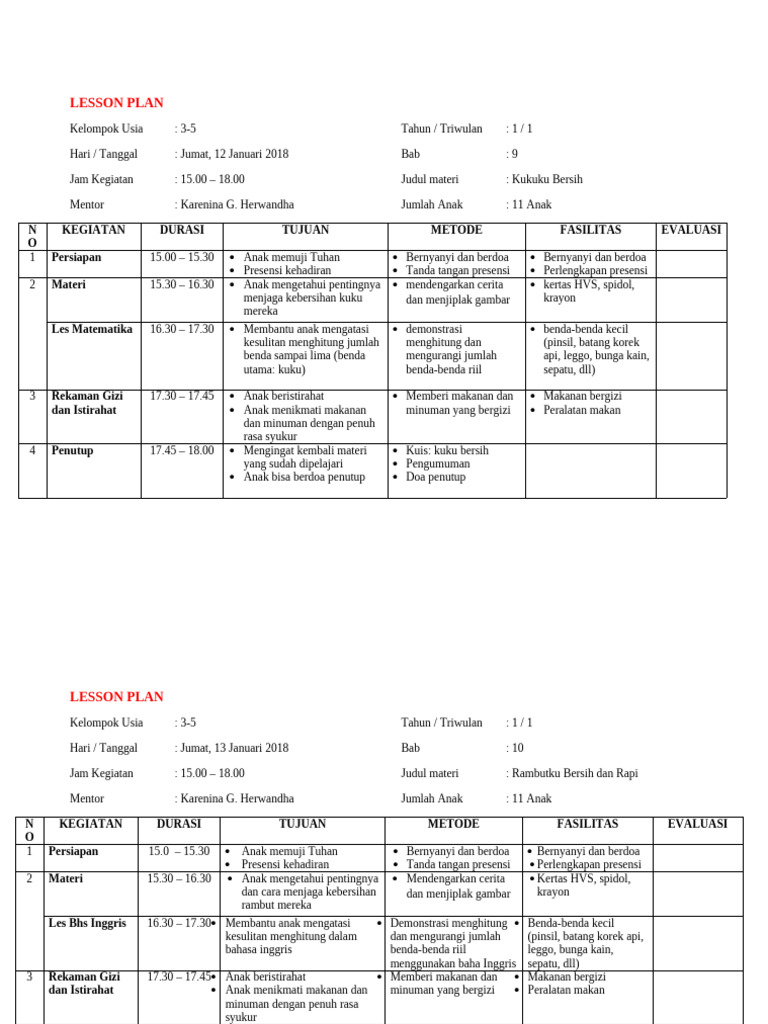 Lesson Plan Januari 2018 | PDF