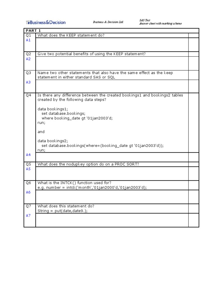 BD SAS Test Part 1 - 20 Mins | PDF | Sas (Software) | Computer Programming