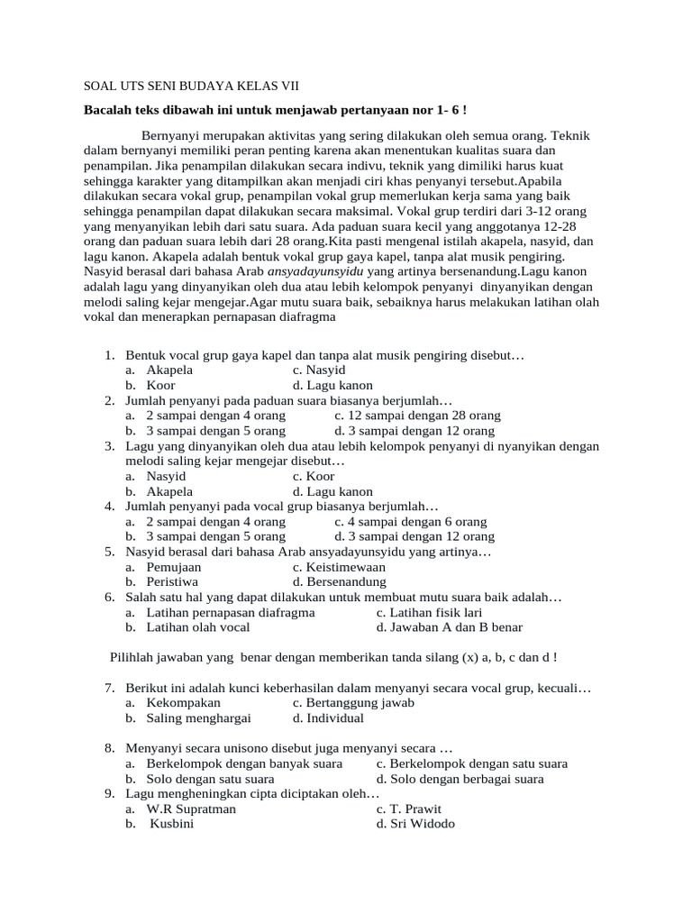 Soal Uts Seni Budaya Kelas Vii 2023 | PDF