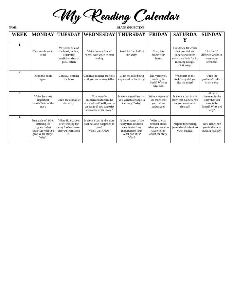 My Reading Calendar | PDF