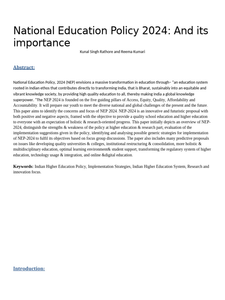 National Education Policy 2024 and Its Importance Draft | PDF
