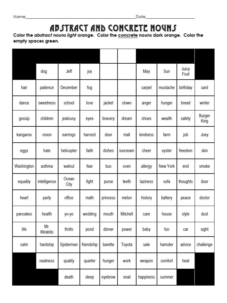 Color The Abstract Nouns Light Orange. Color The Concrete Nouns Dark ...