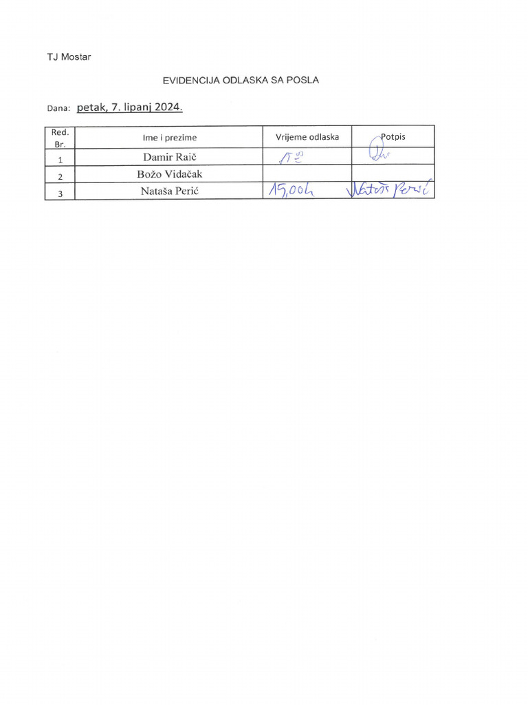 Evidencija Odlaska Sa Posla 07.06.2024. | PDF