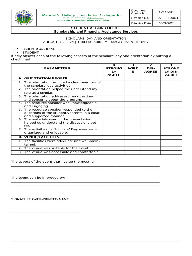 Scholars Day and Orientation Eval | PDF