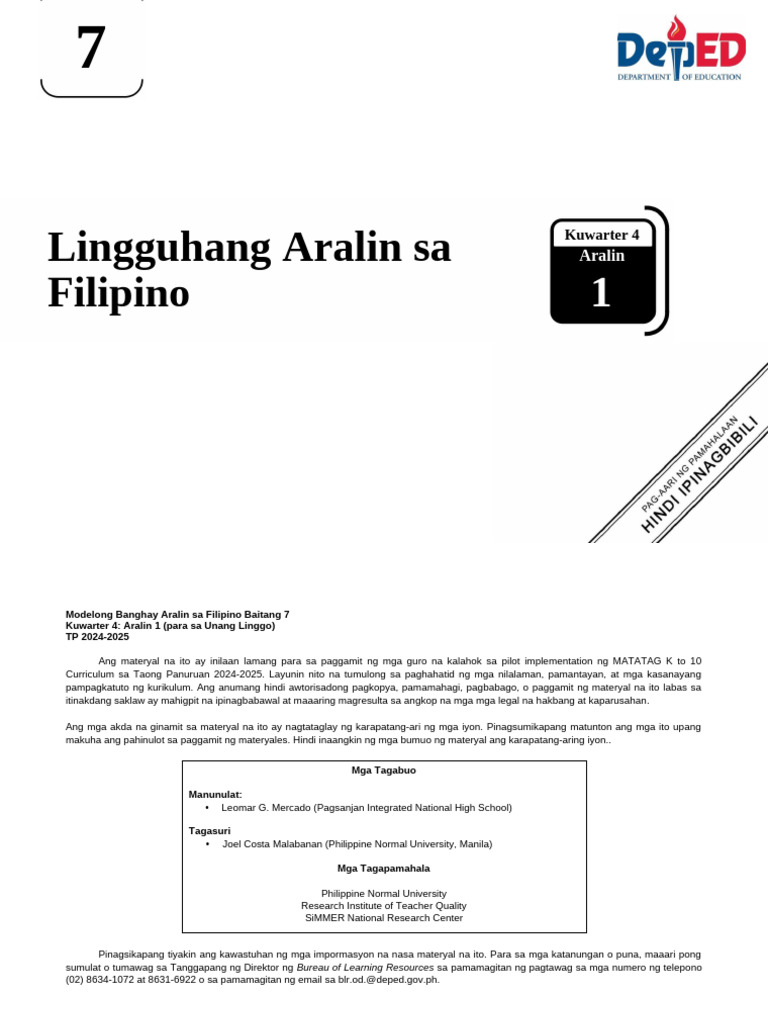 LE_Q4_Filipino 7_Lesson 1_Week 1 | PDF