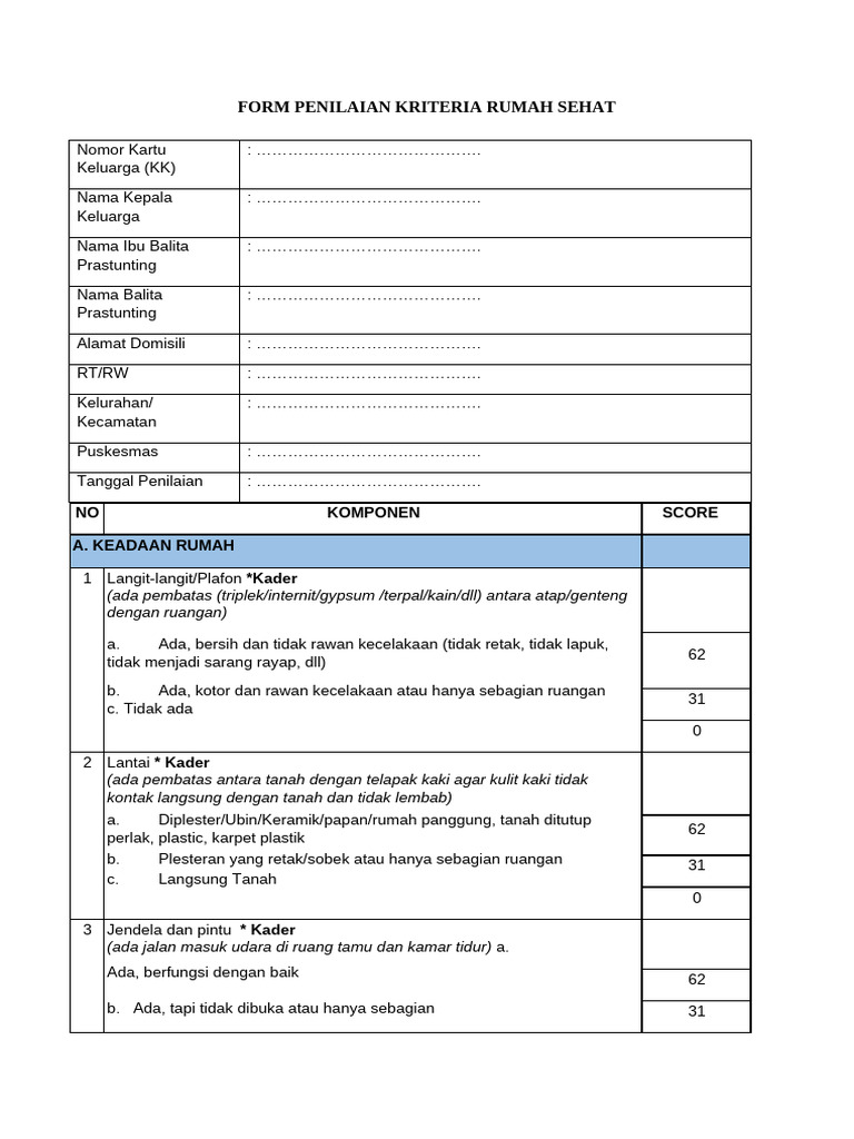 Form Penilaian Kriteria Rumah Sehat | PDF