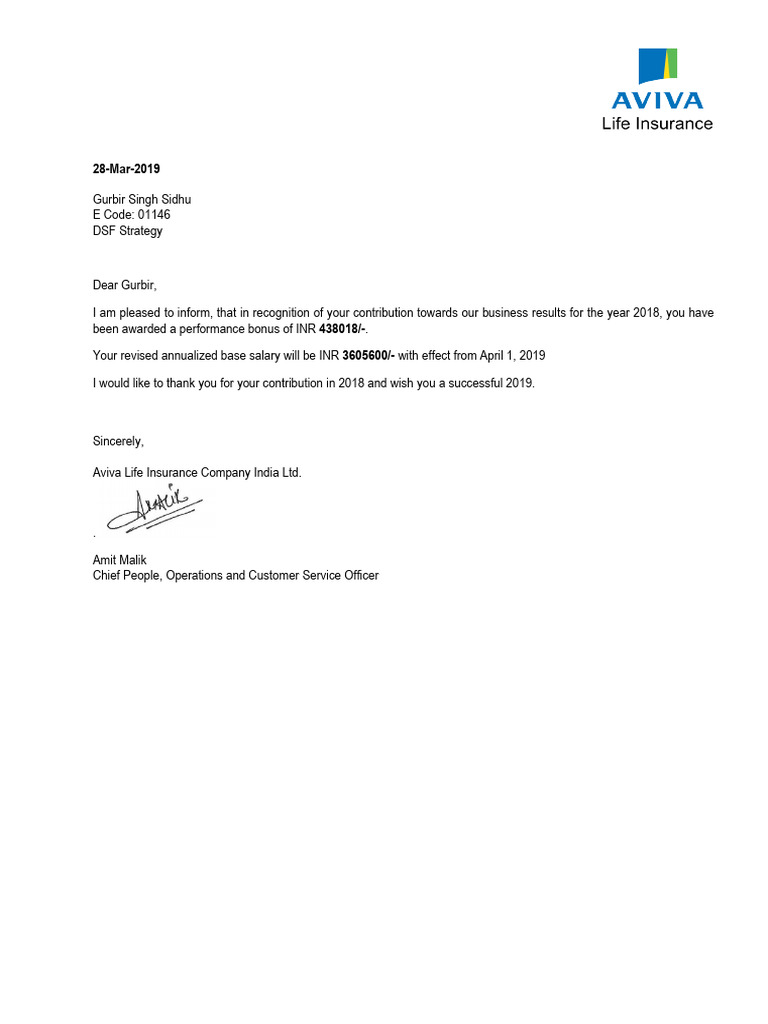 Performance Bonus Notification Letter | PDF