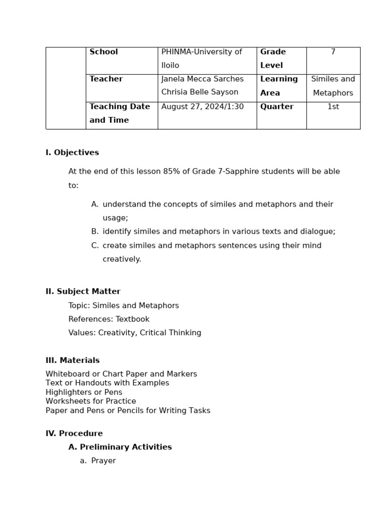 FIGURATIVE-LANGUAGE-SIMILE-AND-METAPHORS-SEMI-LESSON-PLAN_105917 | PDF
