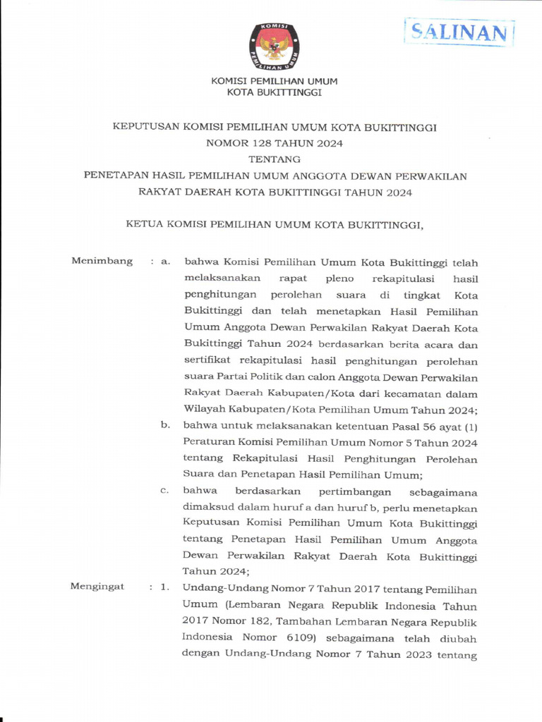 SK Kpu No 128 Hasil DPRD Kota BKT Ok | PDF
