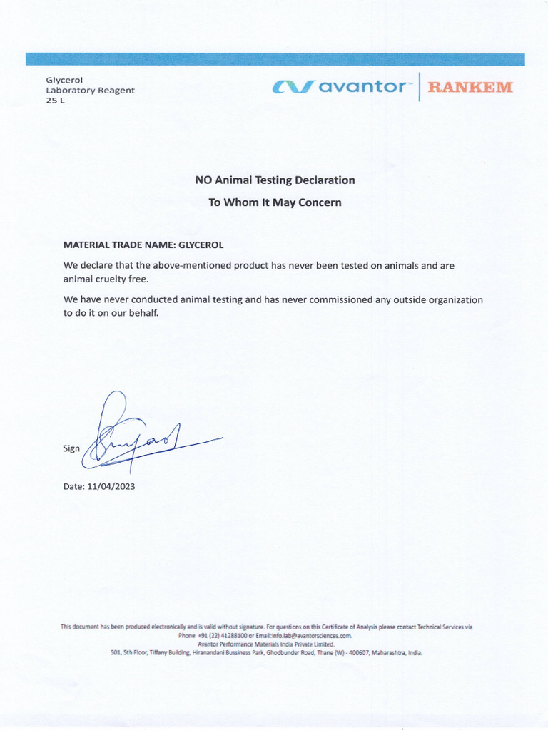 NO Animal Testing Declaration Glycerol | PDF