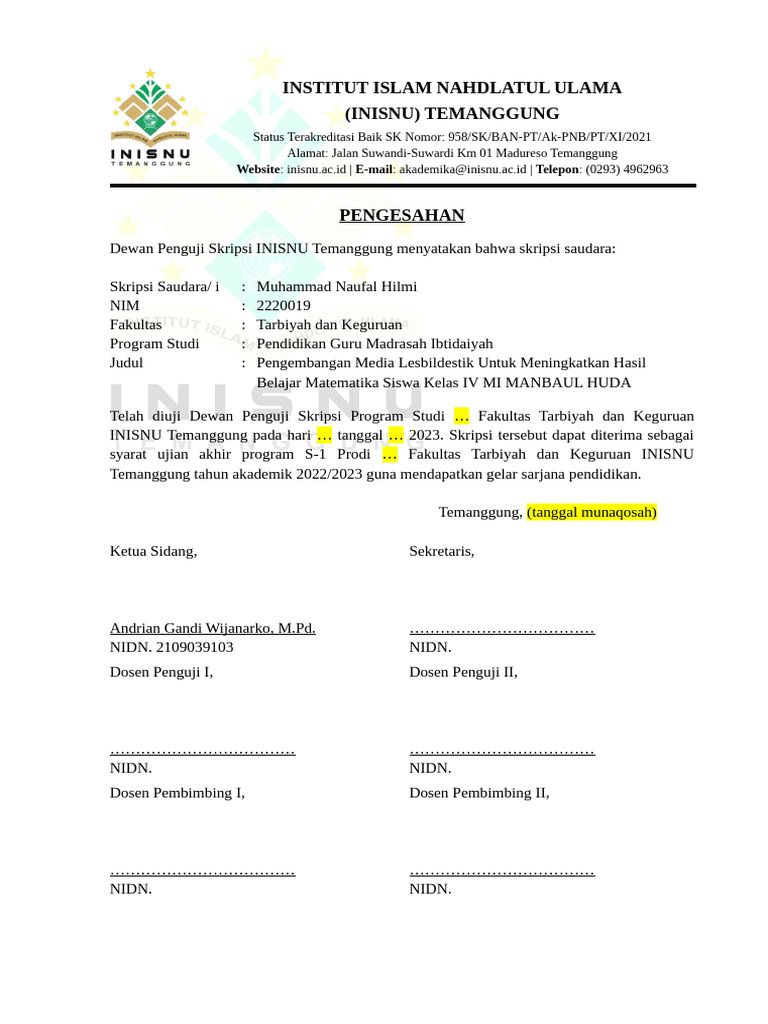 Template Lembar Pengesahan (Margin Jangan Dirubah!) | PDF