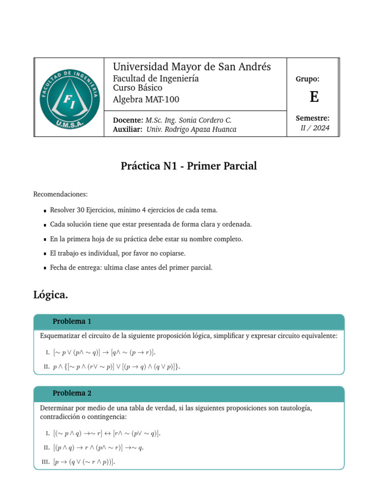PracticaN1 MAT100 II 2024 | PDF