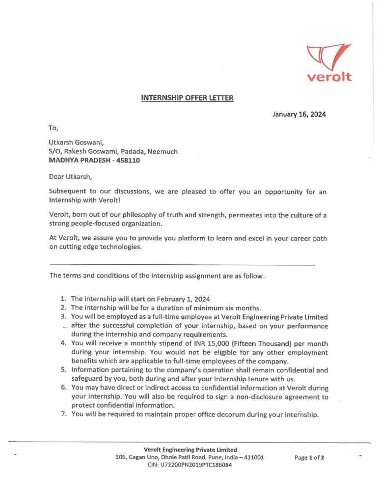 Internship Offer Letter - Utkarsh Goswami | PDF