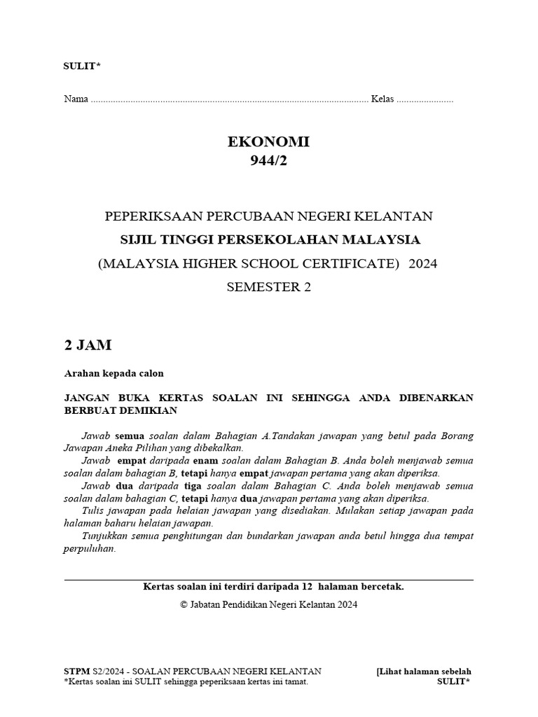 Soalan Perc Ekonomi Neg Kelantan 2024-1 | PDF