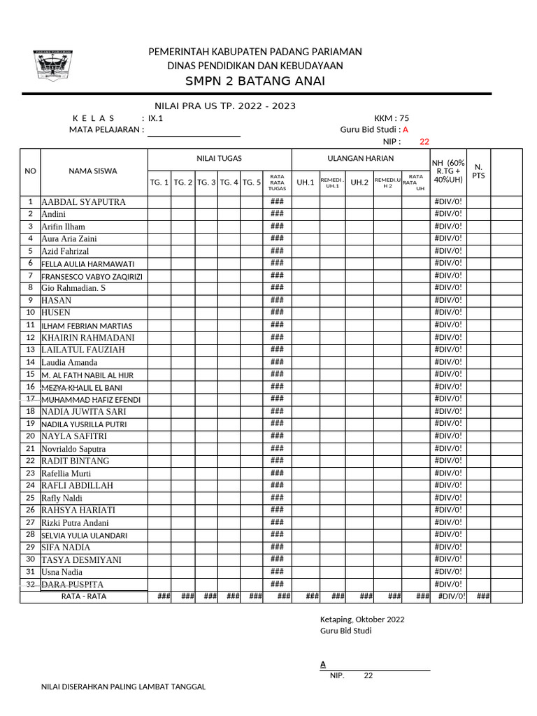 Blanko Nilai Pra Us TP.2022 - 2023 Kelas Ix 09 Maret 2023 | PDF