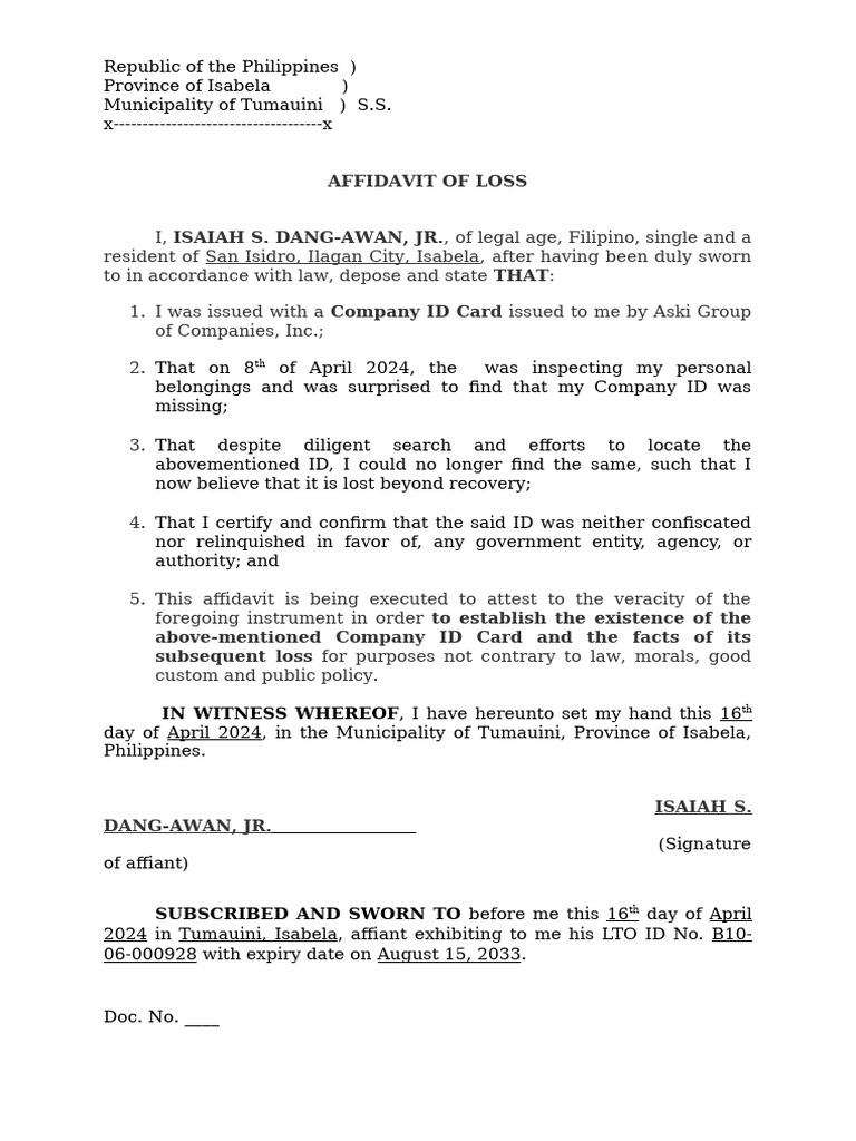 Affidavit of Loss of Company ID | PDF