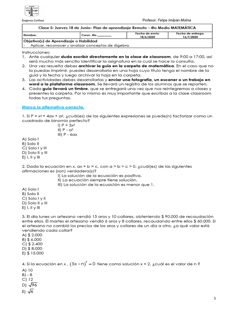 4 Medio Matemática 18 de Junio | PDF | Álgebra | Matemáticas