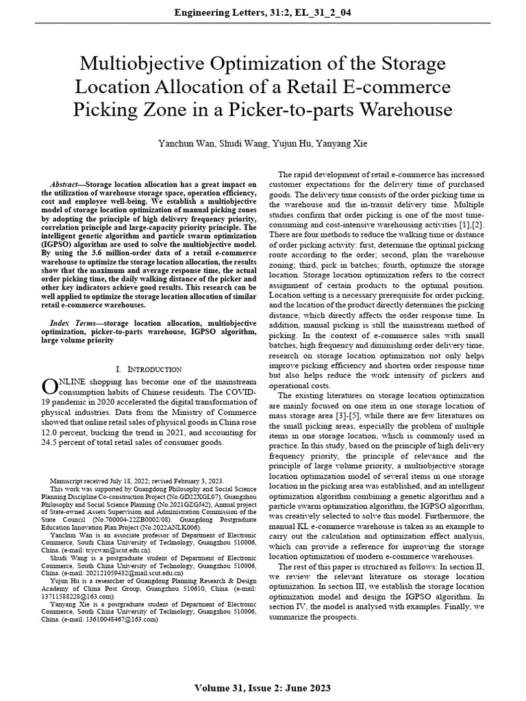 Multiobjective Optimization Of The Storage Location Allocation Of A Retail E Commerce Picking
