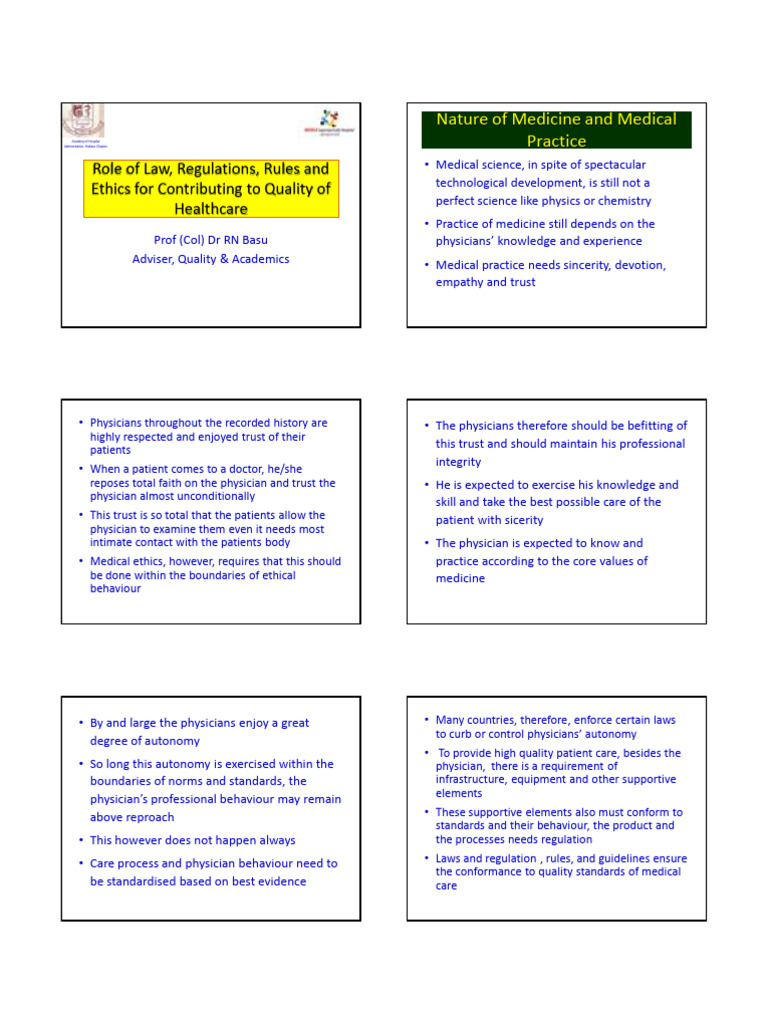 Laws Regulations Rules Ethics For Ensuring Quality Patient Care | PDF