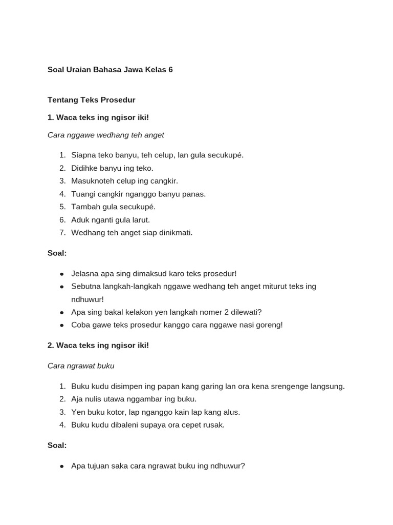 Soal Uraian Bahasa Jawa Kelas 6 - Bab 1 | PDF | Pengembangan Diri