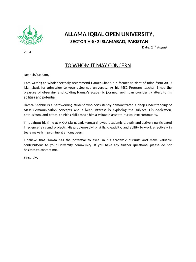 AIOU Letter of Recommendation Hamza Shabbir | PDF