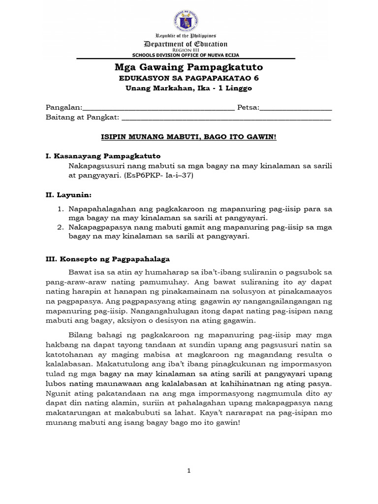 ESP6_LAS_q1_w1_Isipin-Munang-Mabuti-Bago-Ito-Gawin_v2 | PDF