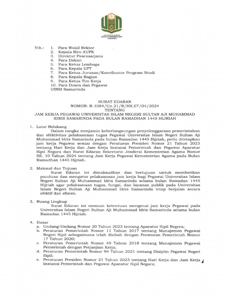 Surat Edaran Jam Kerja Ramadhan 1445 H | PDF