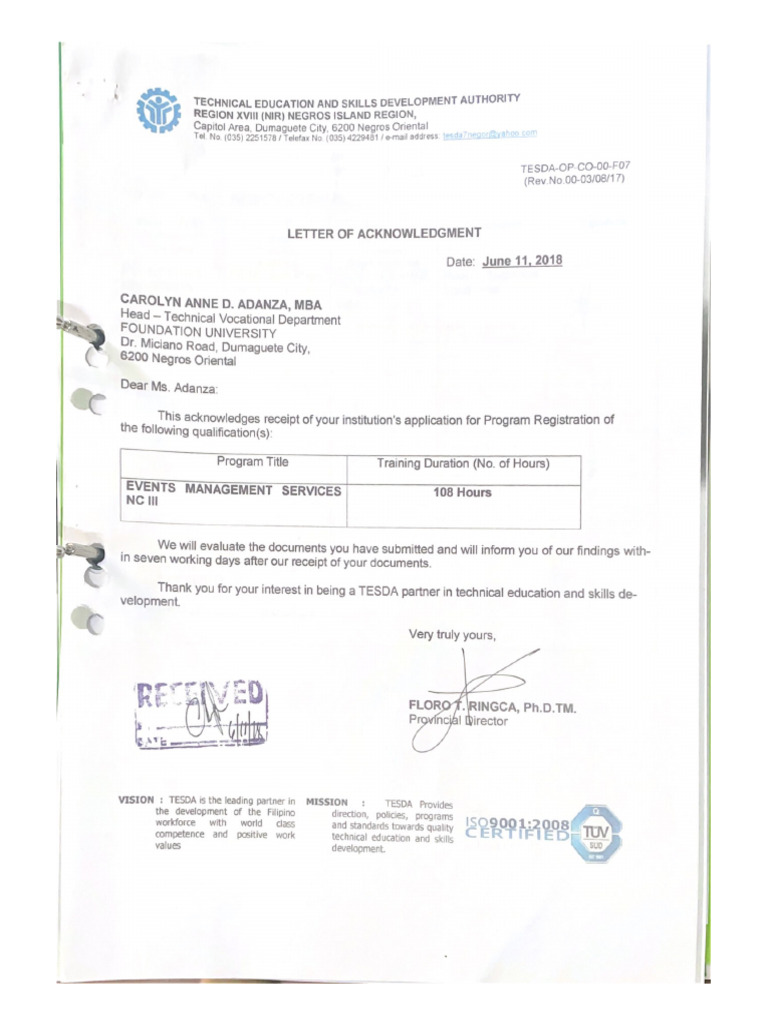 Letter of Acknowledgement - EVMS | PDF