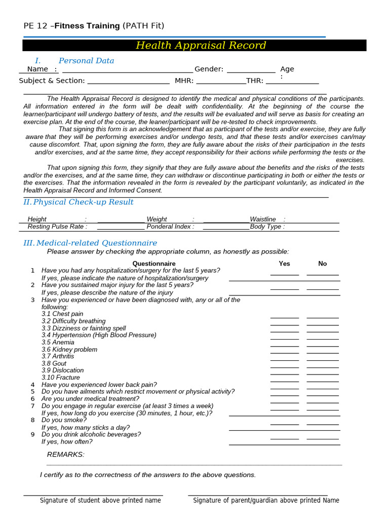 Health Appraisal Record PE12 | PDF