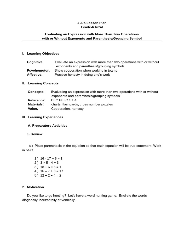 4 A's Lesson Plan Final | PDF