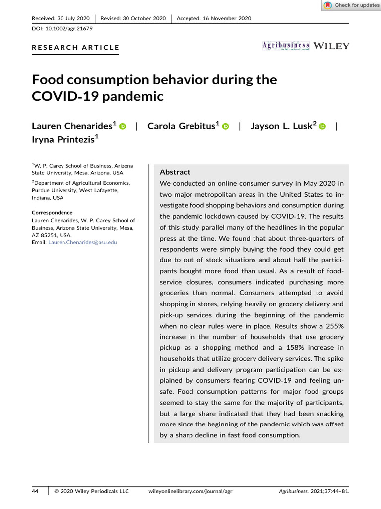 Agribusiness - 2020 - Chenarides - Food Consumption Behavior During the ...