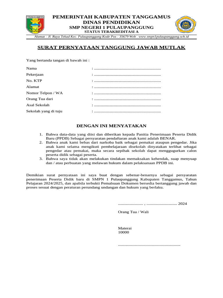 Surat Pernyataan Pertanggungjawaban Mutlak (SPTJM) | PDF