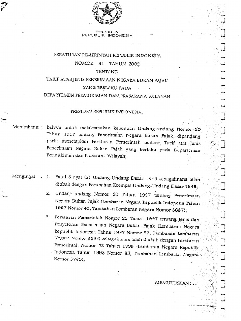 Peraturan Pemerintah No. 61 Tahun 2002 Tentang Tarif Atas Jenis PNBP Yg ...