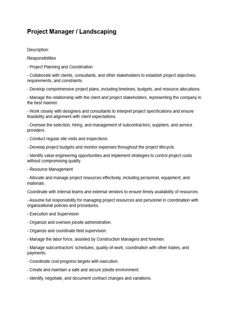 Project Manager Duties Landscape | PDF