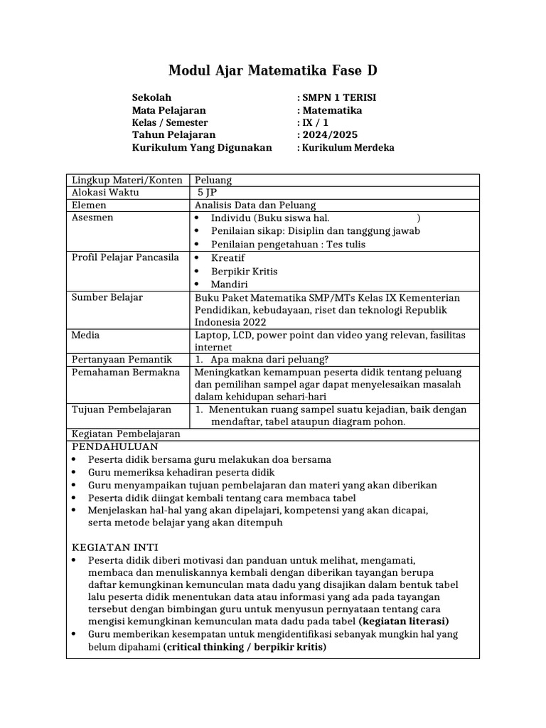 Modul Ajar Kelas 9-1 Peluang Dan Pemilihan Sampel | PDF