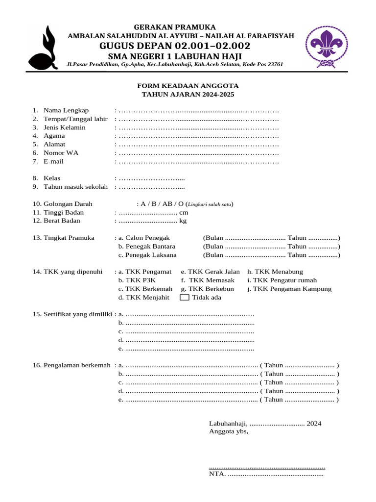 Form Keadaan Anggota Pramuka 2024-2025 | PDF