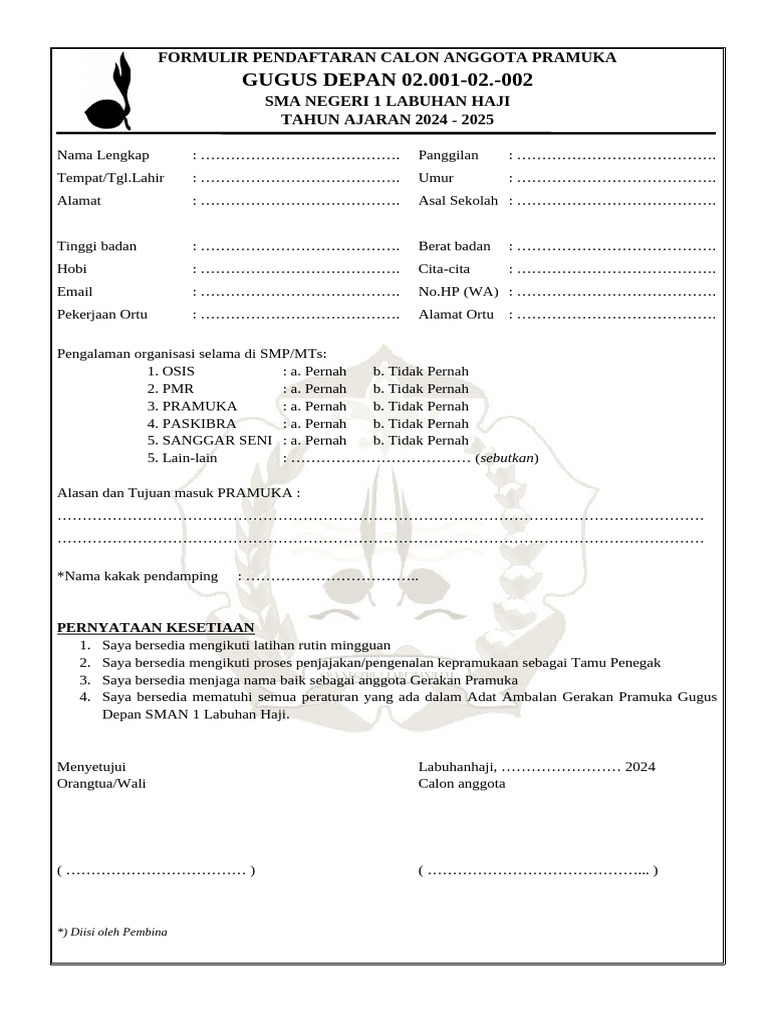 Formulir Pendaftaran Calon Anggota Pramuka | PDF