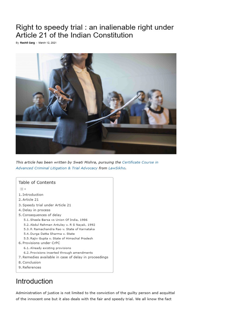 Right To Speedy Trial - An Inalienable Right Under Article 21 of The Indian Constitution ...