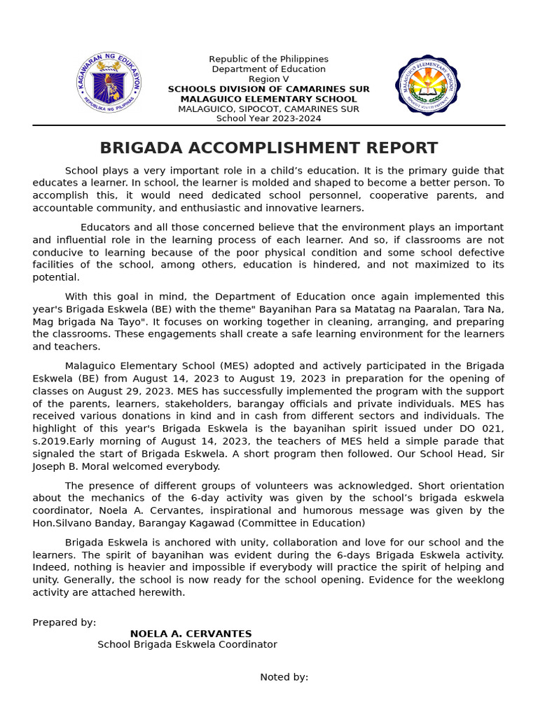 Accomplishment Report Brigada 2023 2024 | PDF