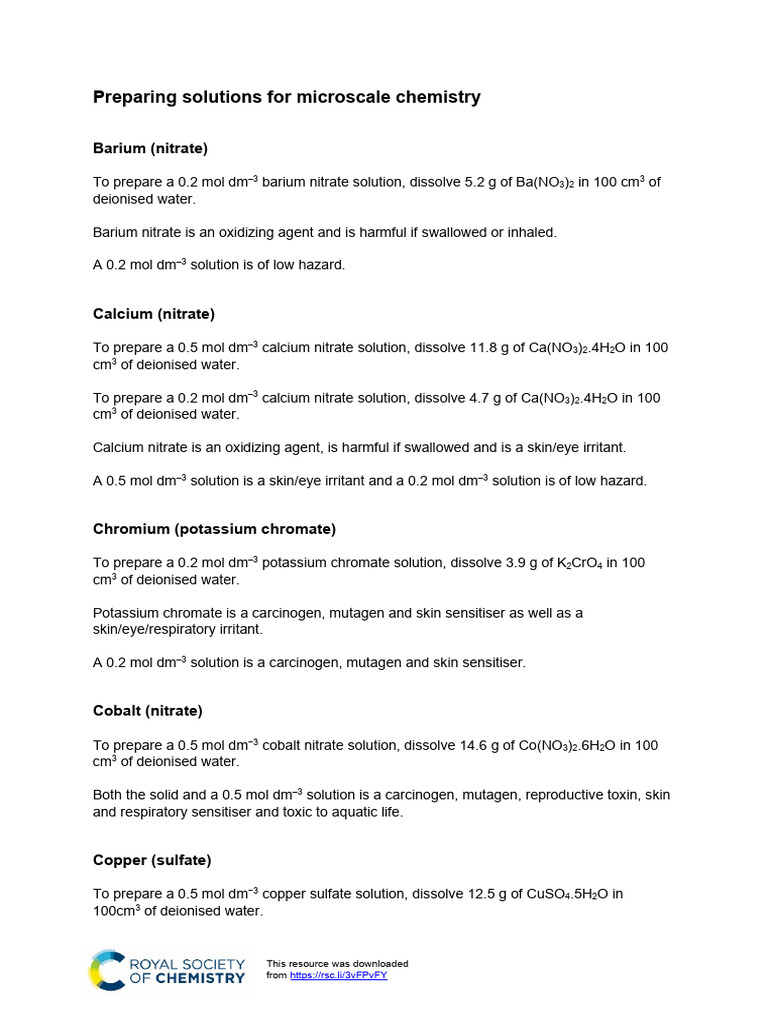 Preparing Solutions For Microscale Chemistry: Barium (Nitrate) | PDF