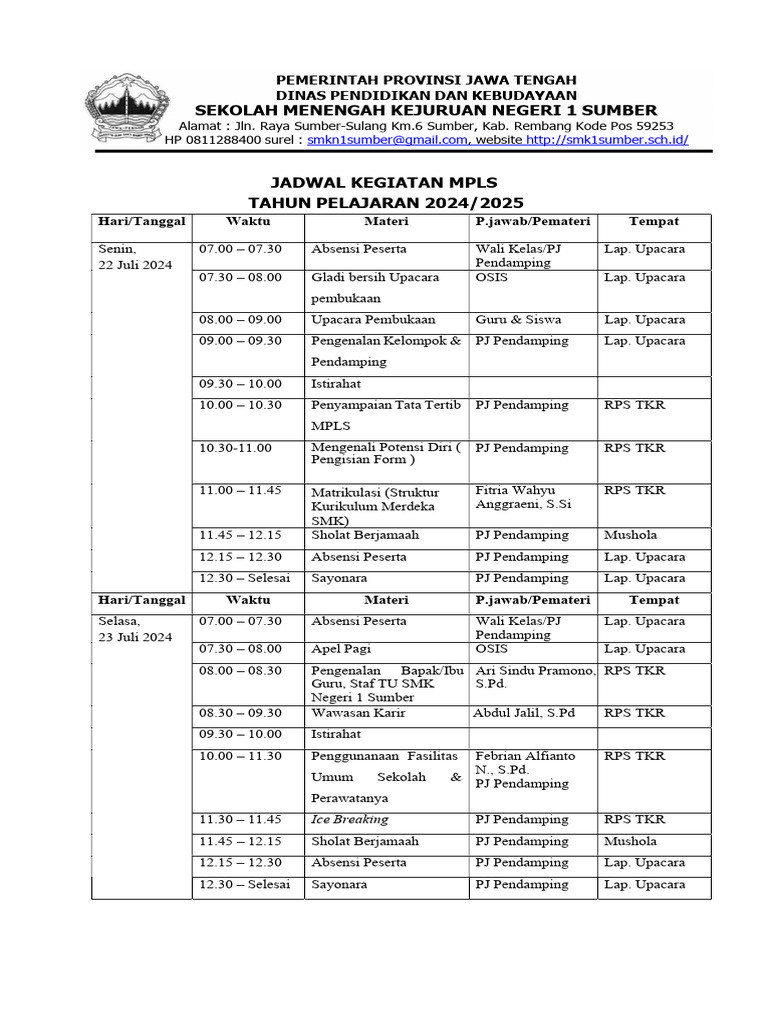 Jadwal Mpls SMK N 1 Sumber TH 2024-2025 | PDF