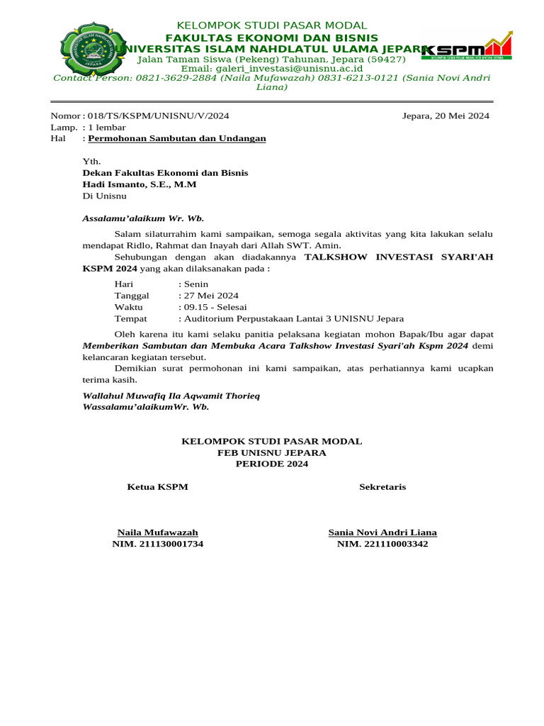 Surat Undangan Sambutan Talkshow 2024 | PDF