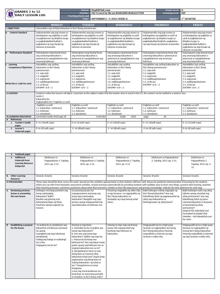 DLL - Esp 2 - Q1 - W3 | PDF