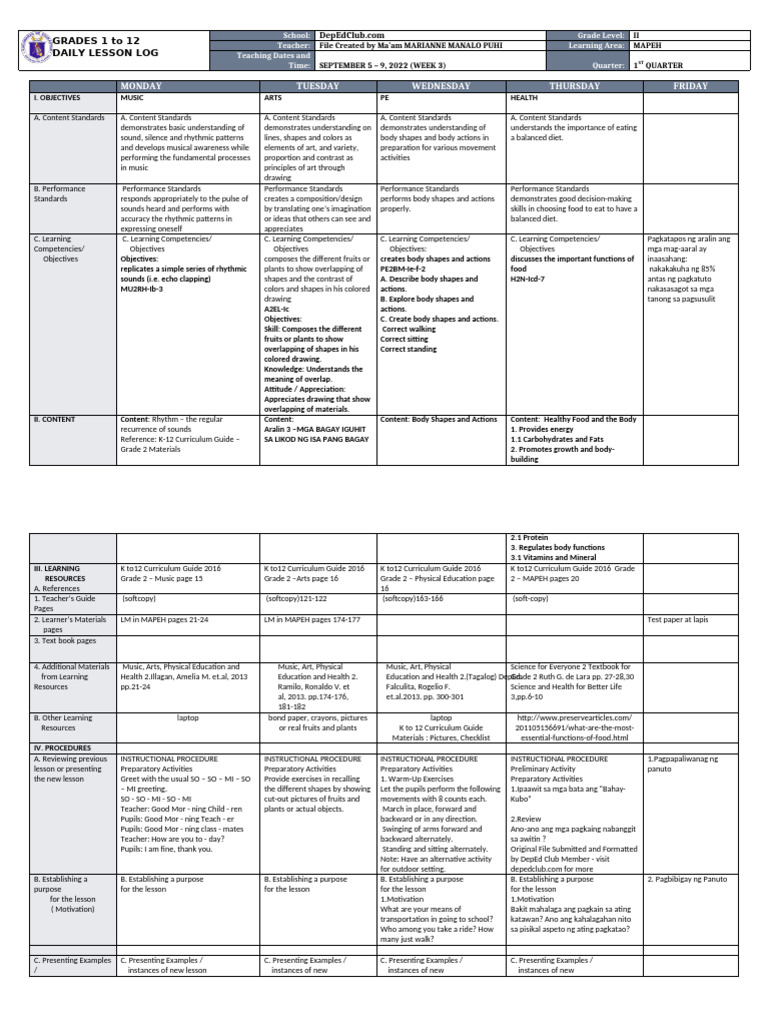 DLL - Mapeh 2 - Q1 - W3 | PDF