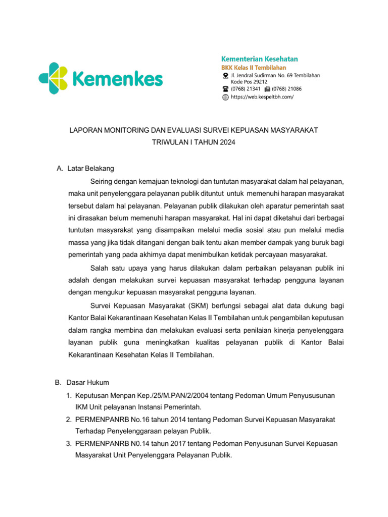 LAPORAN MONITORING DAN EVALUASI SURVEI KEPUASAN MASYARAKAT TRIWULAN I TAHUN 2024 | PDF