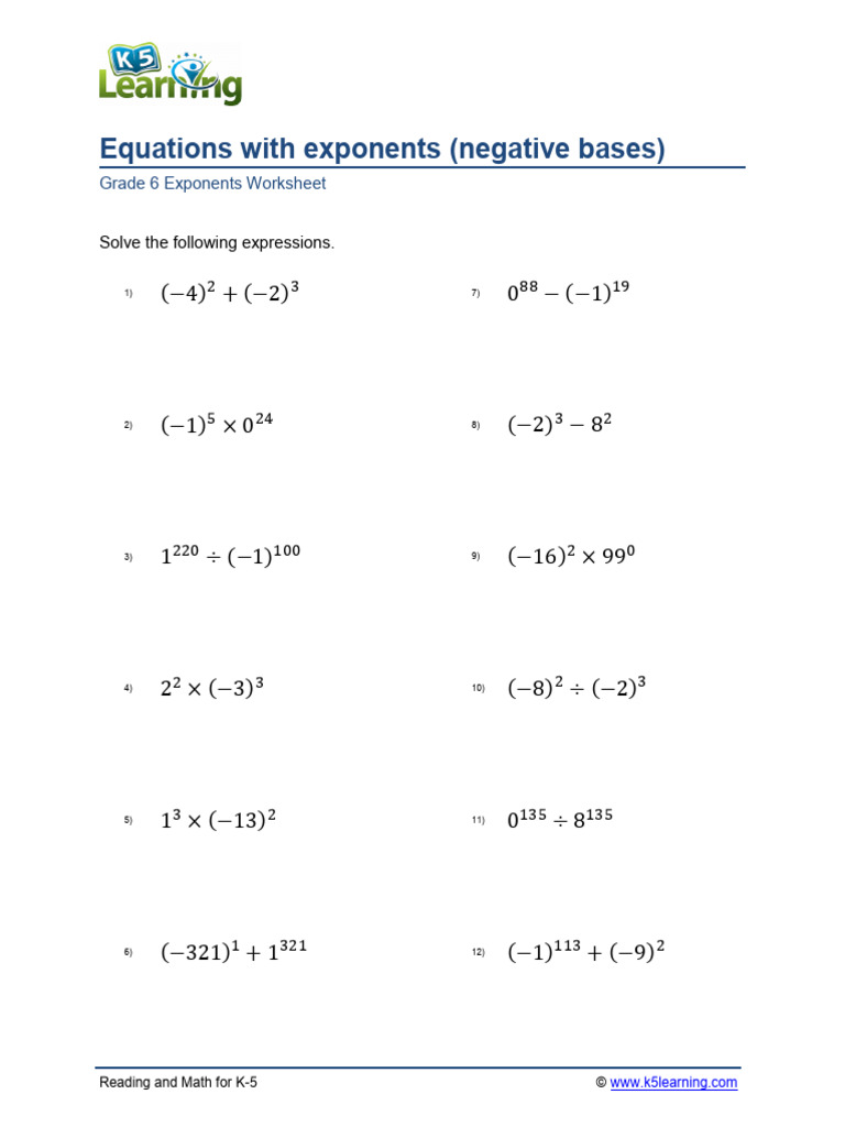 Grade 7 Exponents Equations Negative Bases B | Pdf